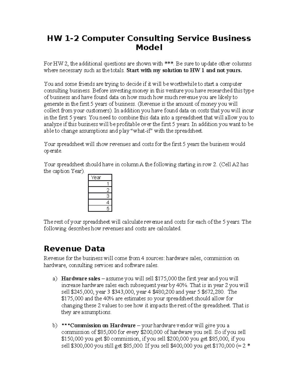 HW1-2 - consulting spreadsheet-part 2 - HW 1-2 Computer Consulting Service Business Model For HW ...