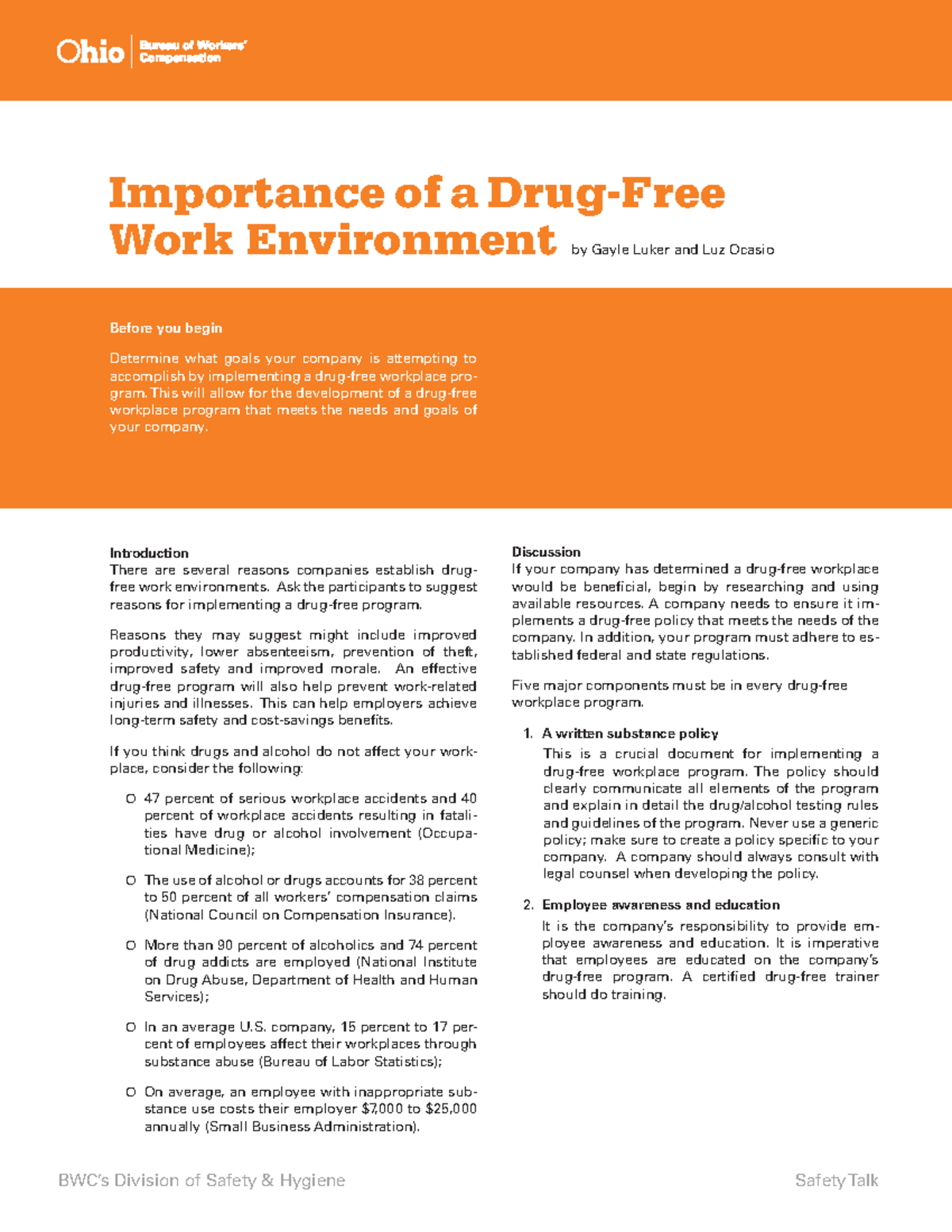 Safety Talk-Drug Free Work Environ - BWC’s Division of Safety & Hygiene ...