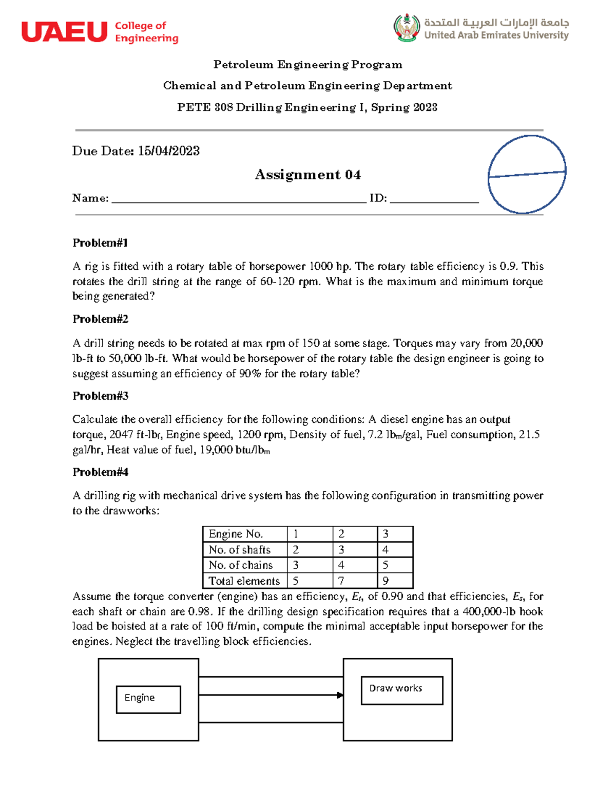 PETE308 SP23 Assignment 04 rotary and power - Petroleum Engineering Program Chemical and ...