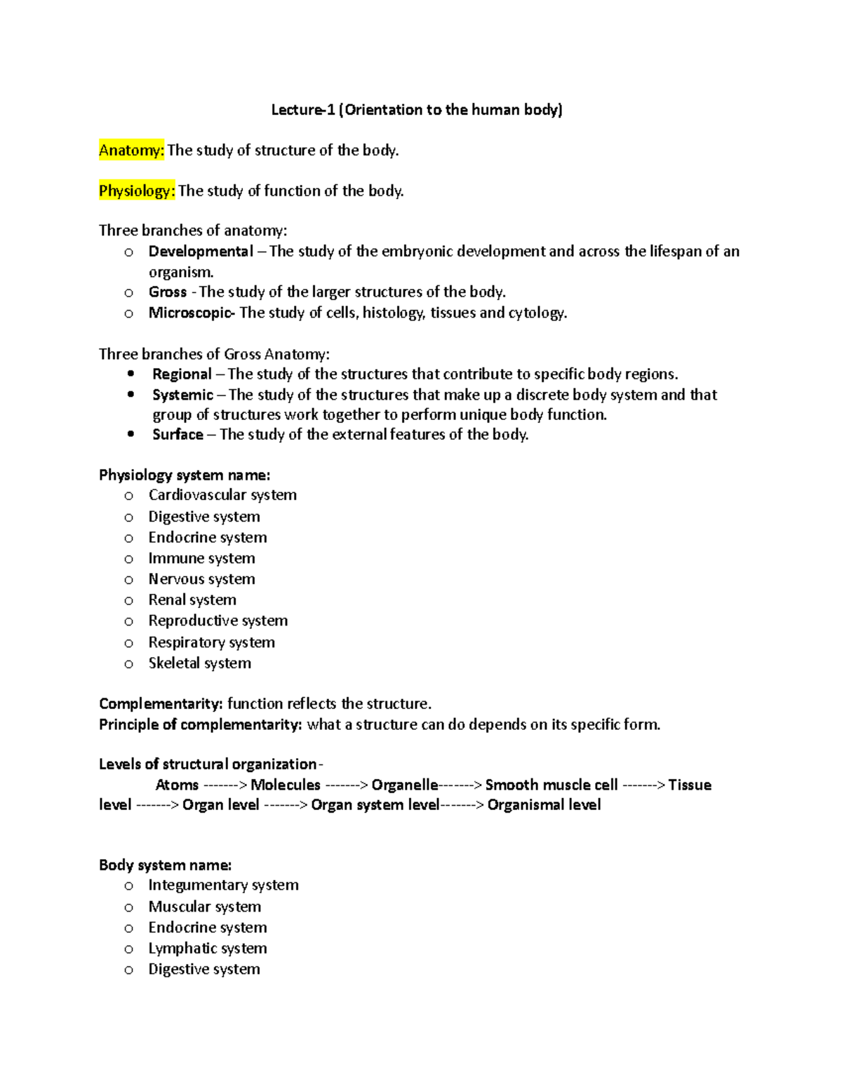 Lecture 1 Notes - Lecture-1 (Orientation to the human body) Anatomy ...