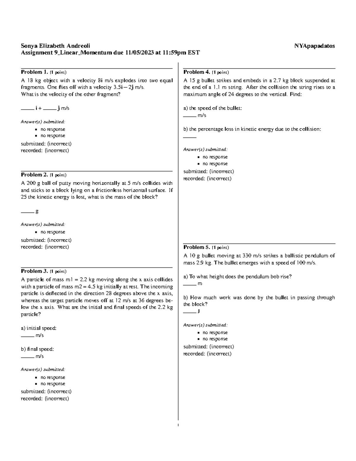 Linear momentum practice - Sonya Elizabeth Andreoli NYApapadatos ...