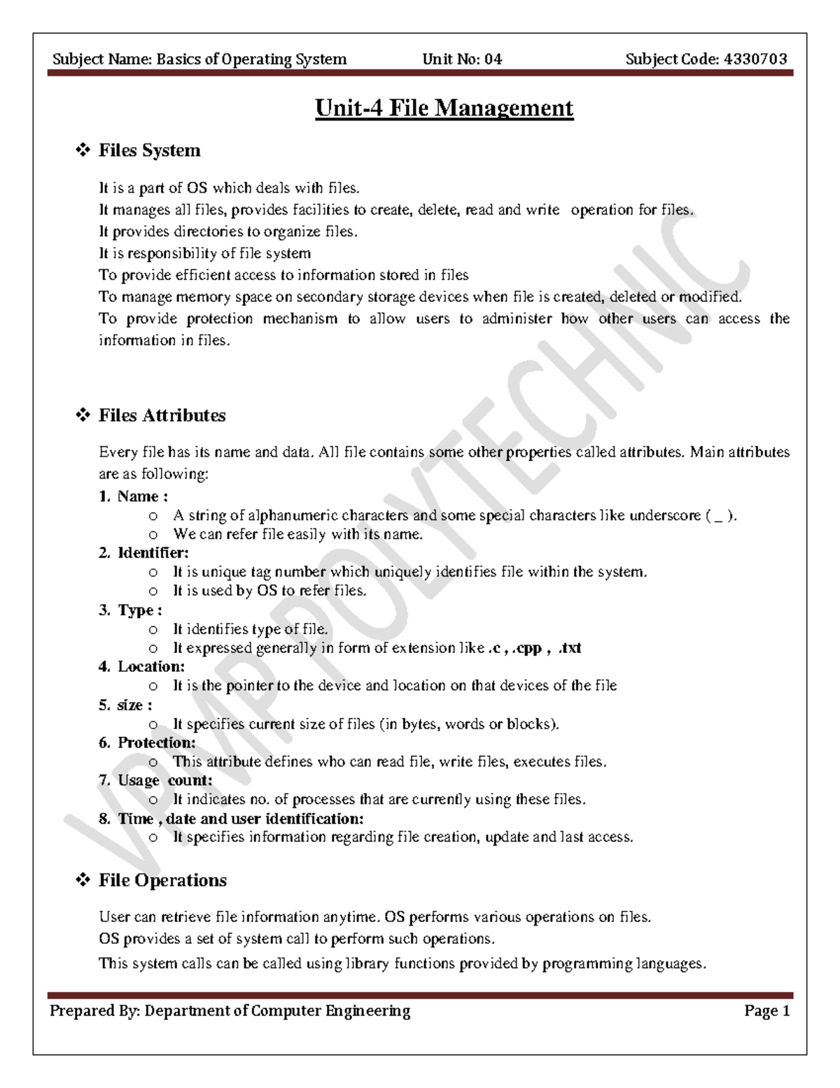 Bos-unit-4 - Qb solution unit 4 - Unit- 4 File Management Files System It is a part of OS which ...