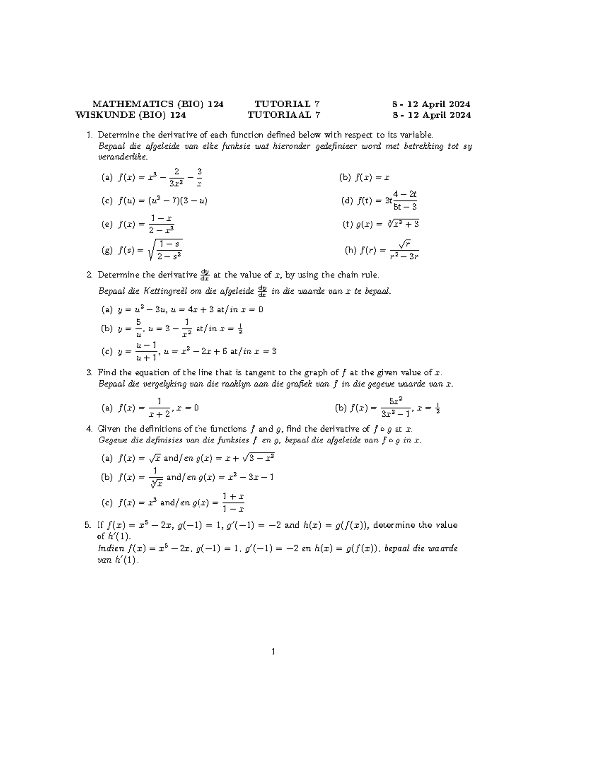 Tut 7 (Week 8) - MATHEMATICS (BIO) 124 TUTORIAL 7 8 - 12 April 2024 WISKUNDE (BIO) 124 TUTORIAAL ...