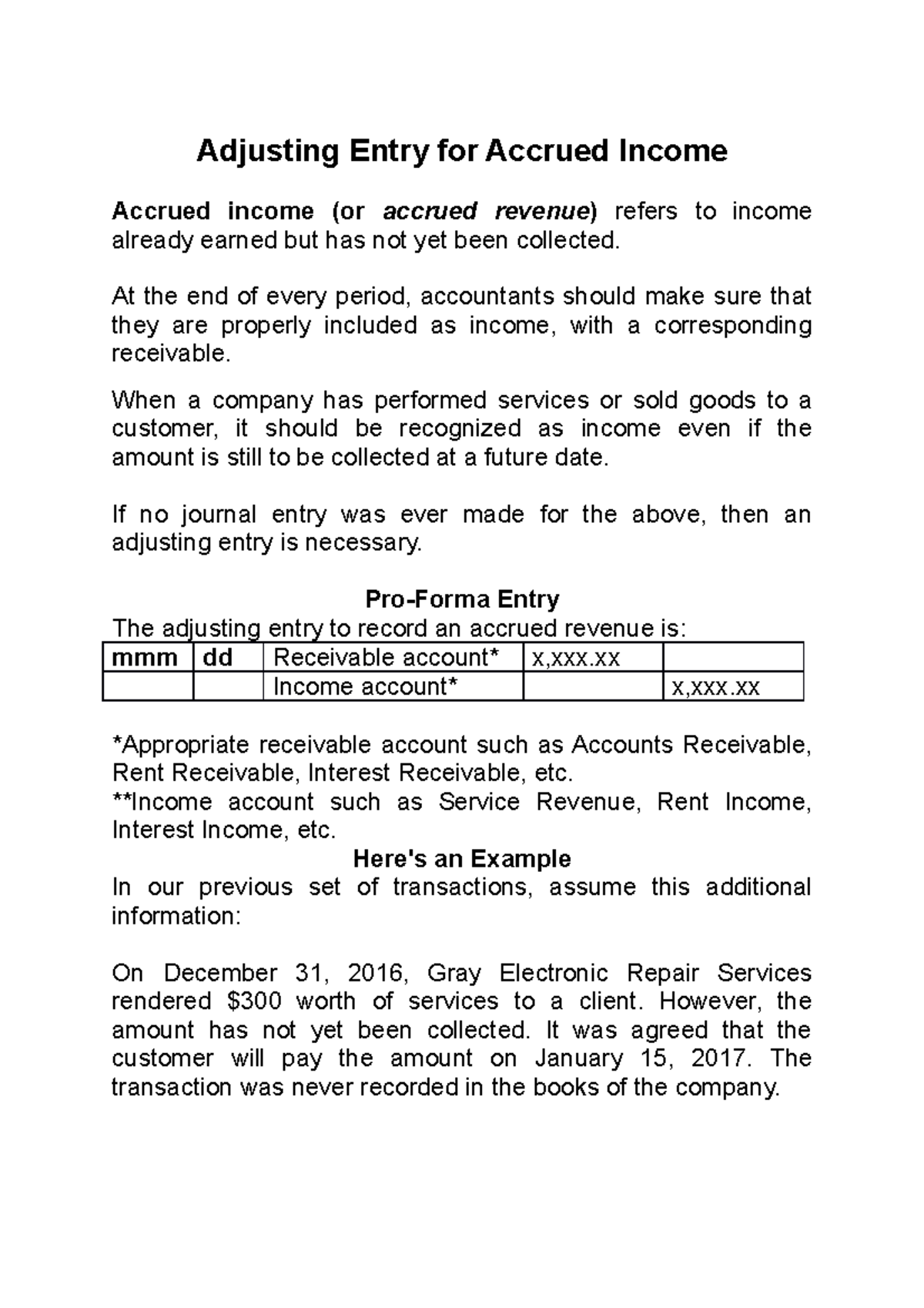 Adjusting Entry For Accrued Income Adjusting Entry For Accrued Income