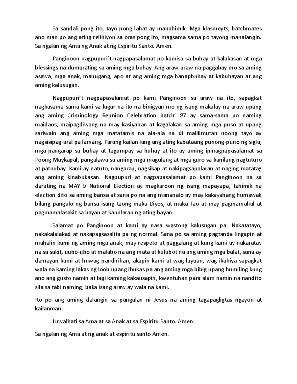Prayer Reunion - Sa sandali pong ito, tayo pong lahat ay manahimik. Mga ...