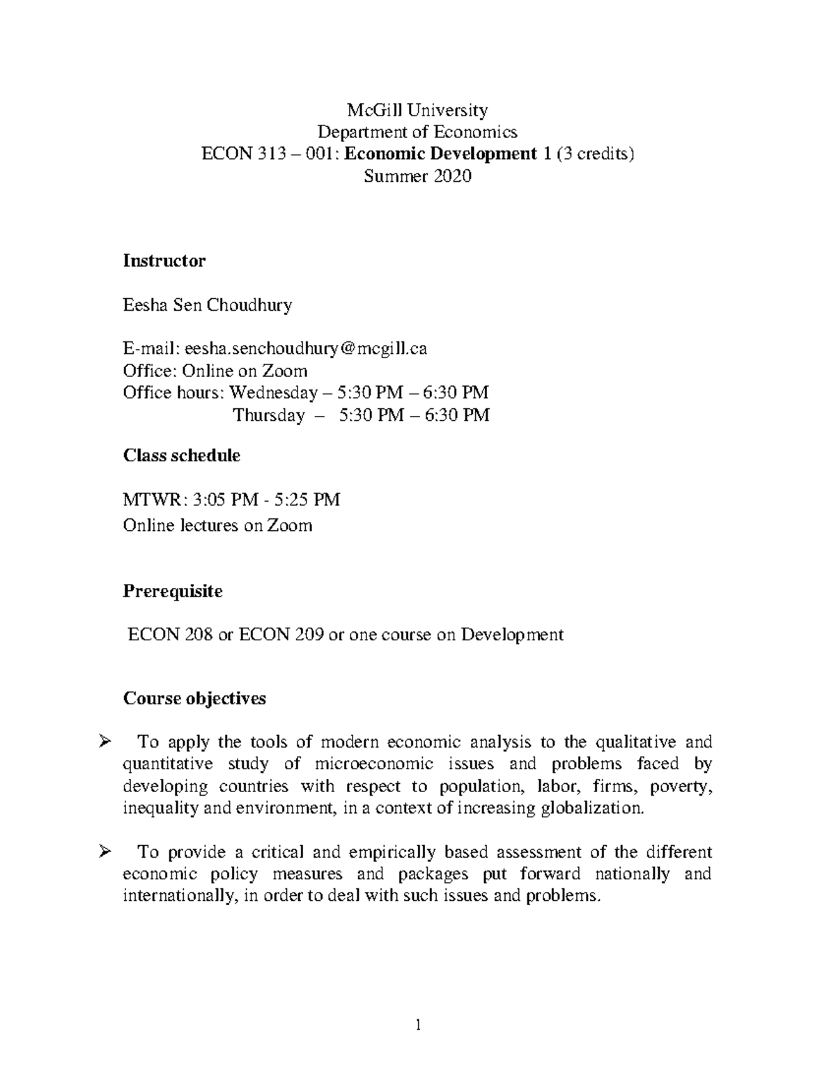 Course Outline Econ 313-001 Summer 2020 - McGill University Department ...