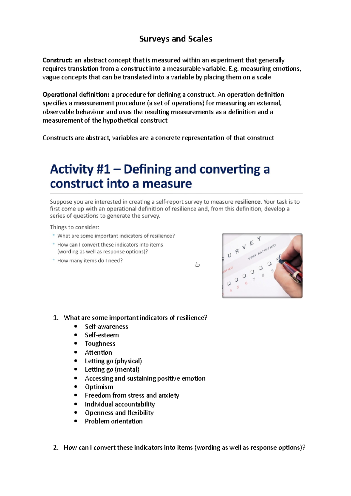 Week 9 - Surveys and Scales - Surveys and Scales Construct: an abstract ...