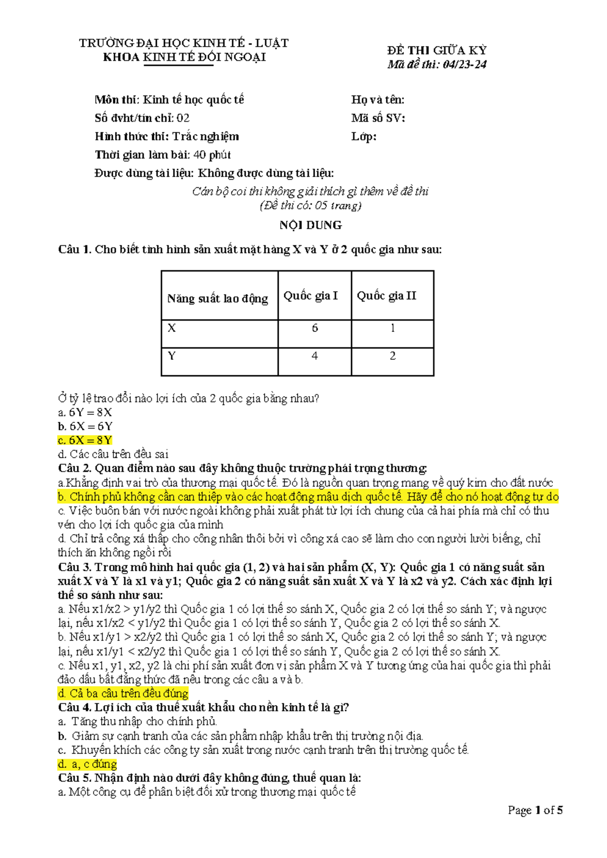 TN GK KTQT - Ôn tập - TRƯỜNG ĐẠI HỌC KINH TẾ - LUẬT ĐỀ THI GIỮA KỲ Mã đề thi: 0 4 /2 3 - 24 KHOA ...