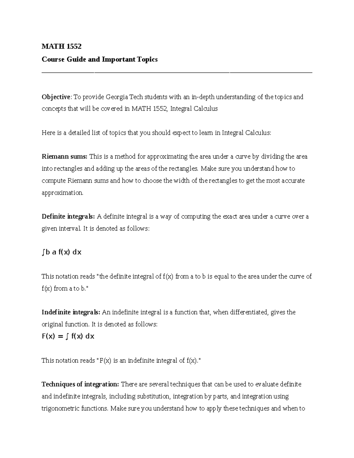 MATH 1552 Course Guide - An extensive topics list for Integral Calculus ...