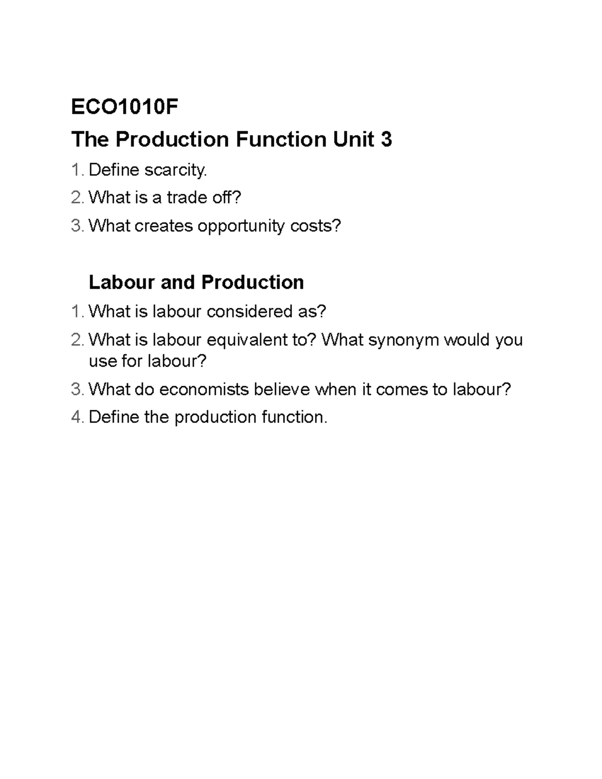 ECO1010F Questions Recall - ECO1010F The Production Function Unit 3 1 ...