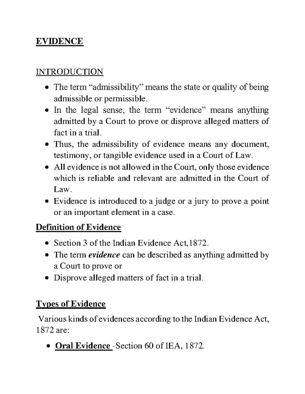 Evidence - EVIDENCE INTRODUCTION The term “admissibility” means the ...