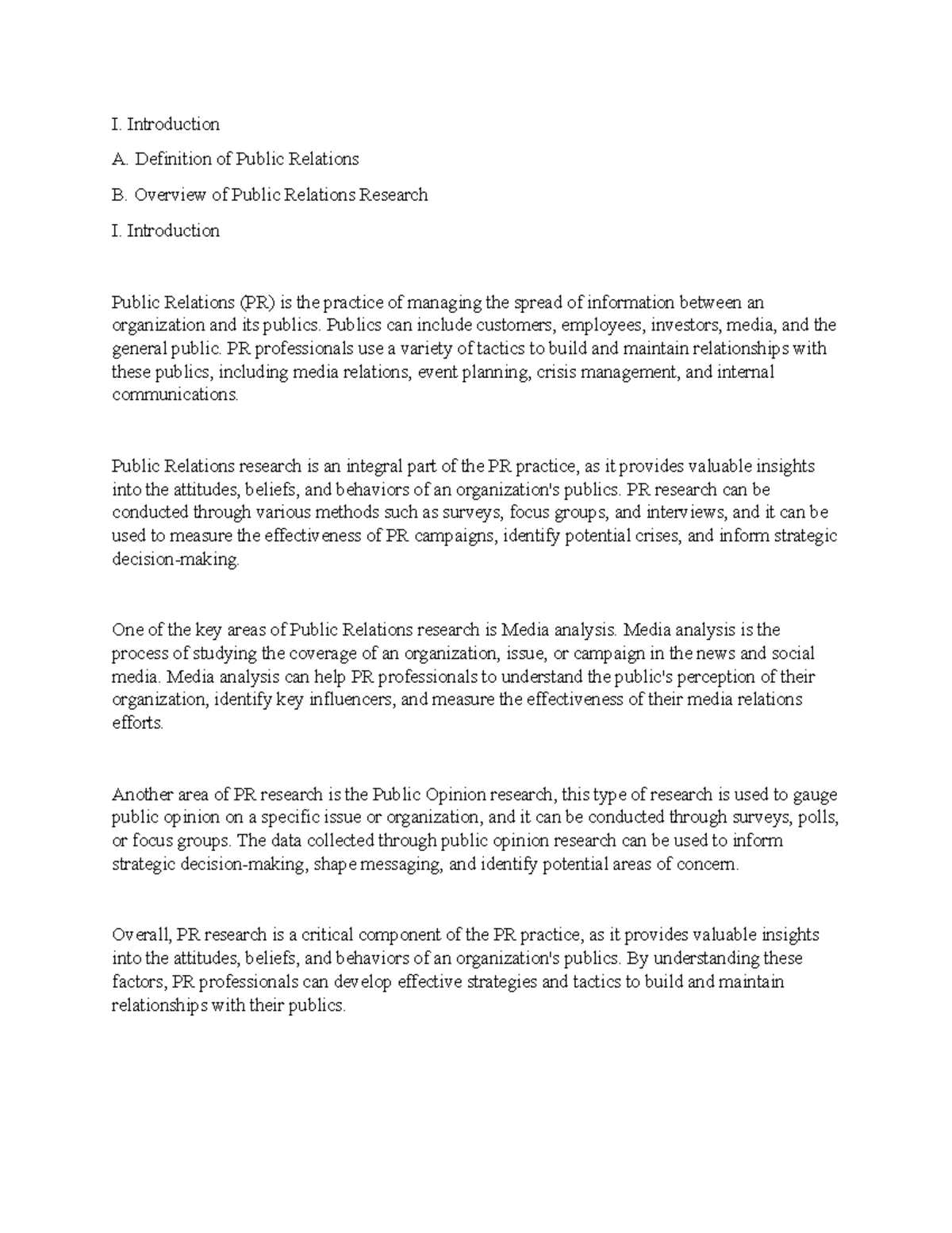 The evolution of public relations 1 - I. Introduction A. Definition of ...