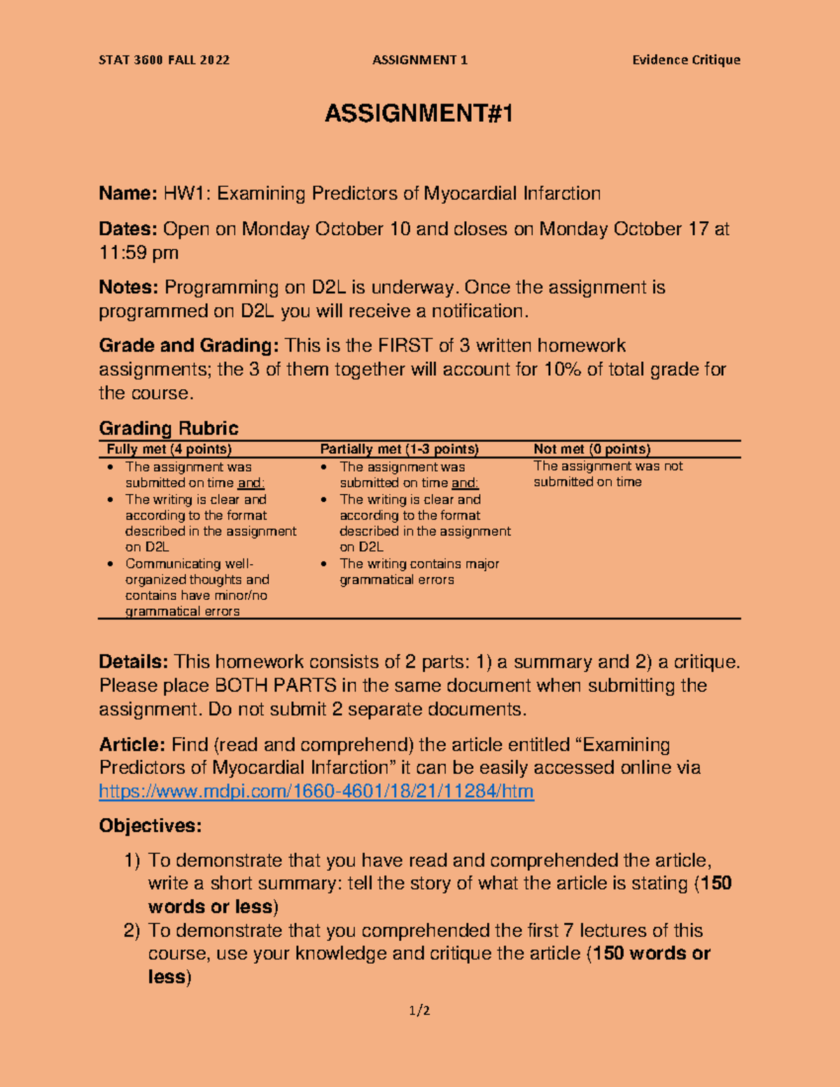 Homework Assignment #1 - STAT 3600 FALL 2022 ASSIGNMENT 1 Evidence Critique 1/ ASSIGNMENT# Name ...