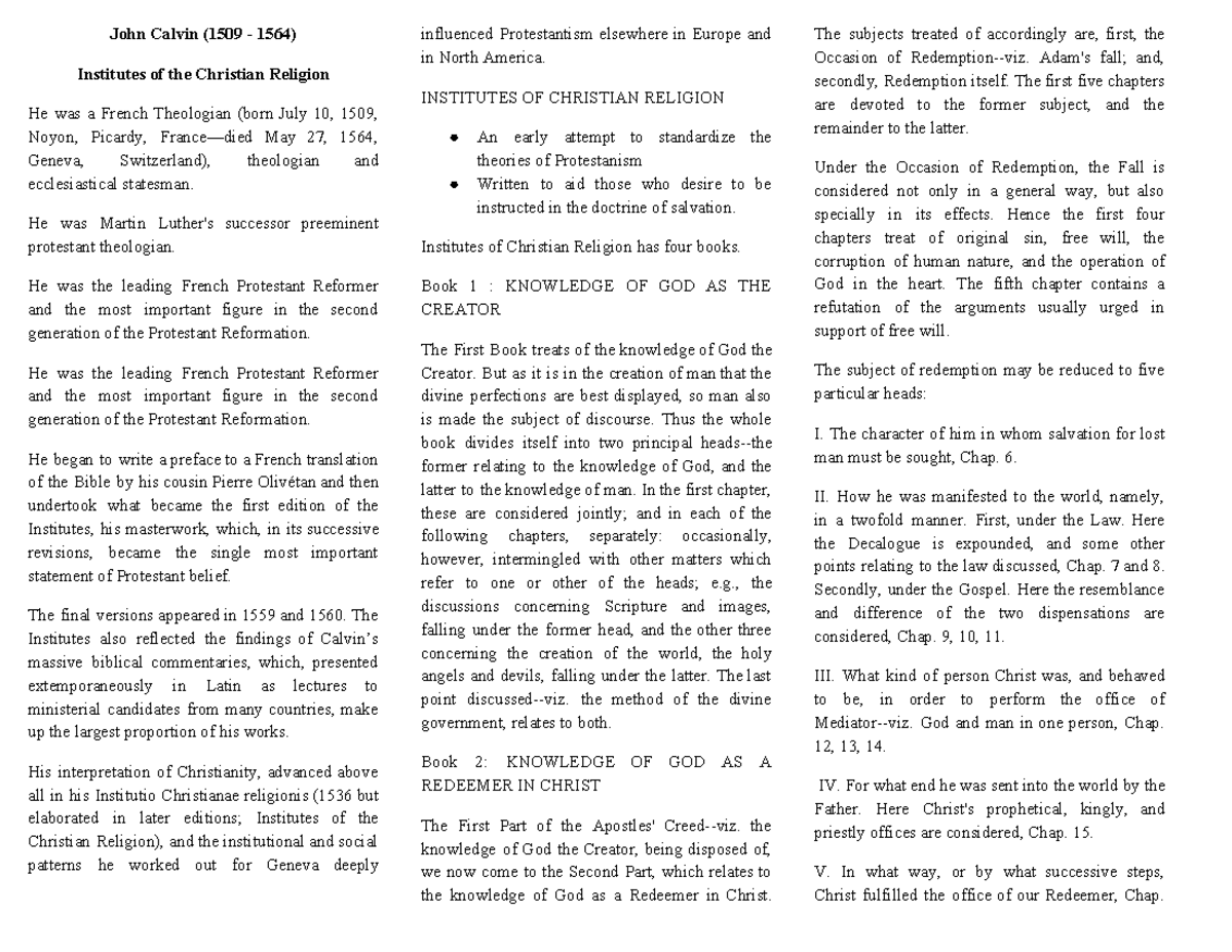 Calvin - Lecture notes 10 - John Calvin (1509 - 1564) Institutes of the ...