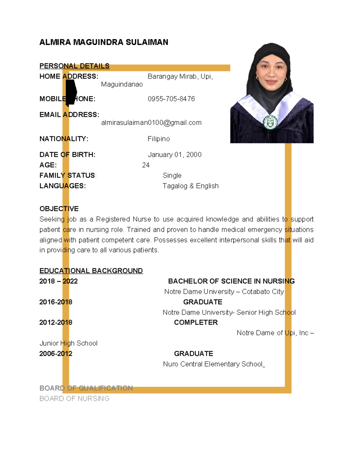 Almira Sulaiman CV - ali - ALMIRA MAGUINDRA SULAIMAN PERSONAL DETAILS HOME ADDRESS: Barangay ...