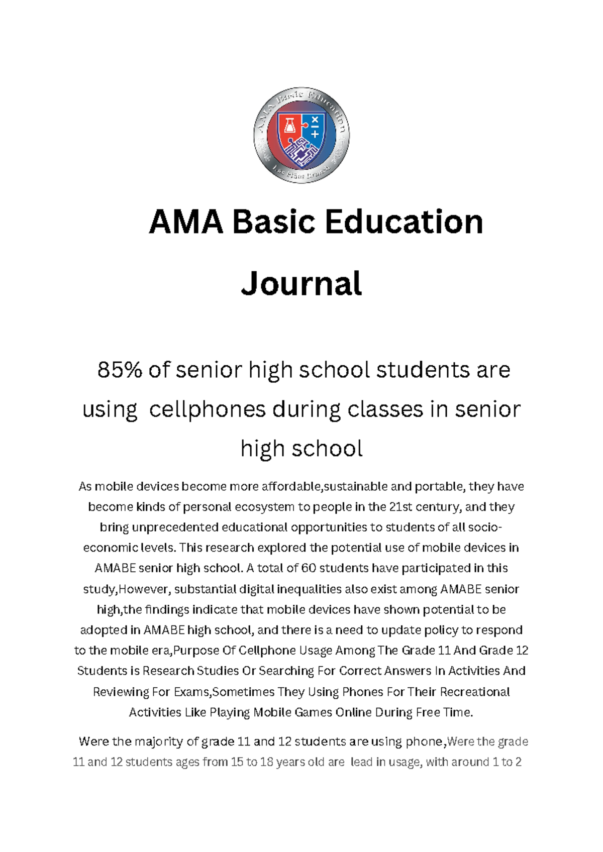 News-Article-No - News article for you babe - AMA Basic Education Journal 85% of senior high ...