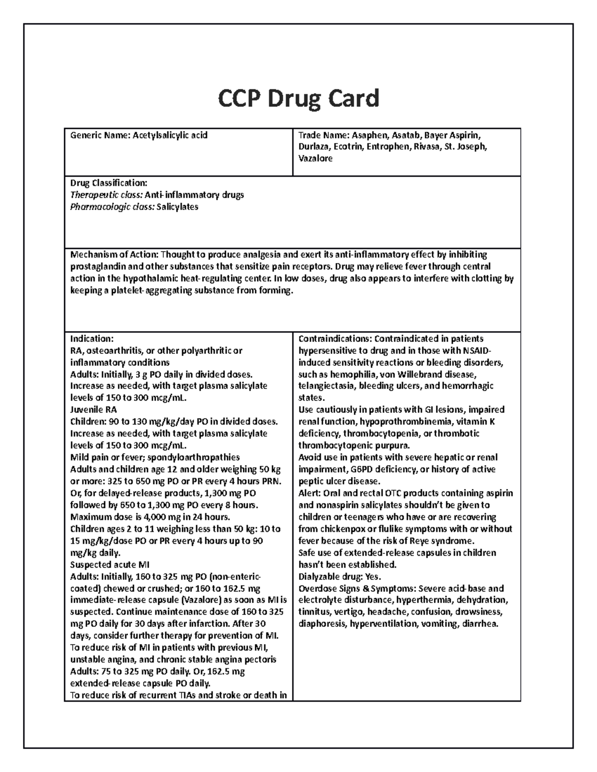 CCP Drug Card - Drug card - CCP Drug Card Generic Name: Acetylsalicylic ...