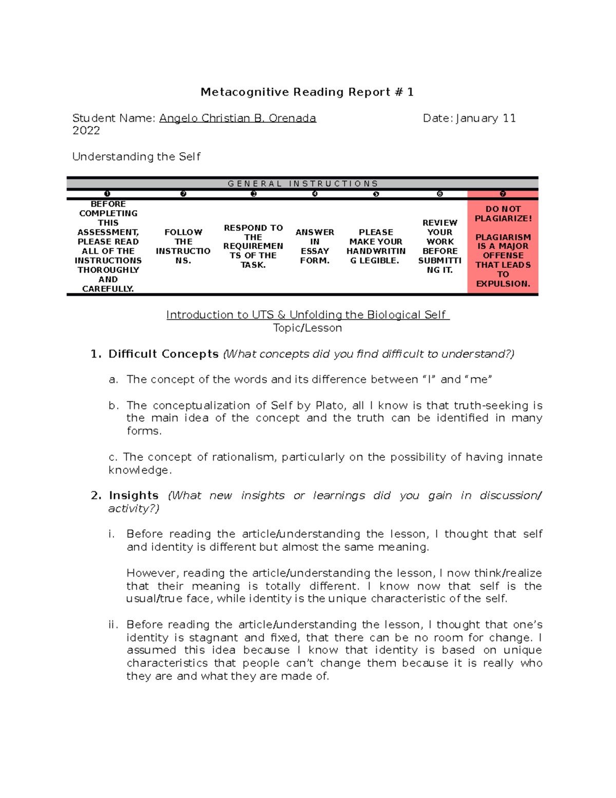 BS ACCOUNTANCY - Metacognitive Reading Report (with answers) - Metacognitive Reading Report # 1 ...
