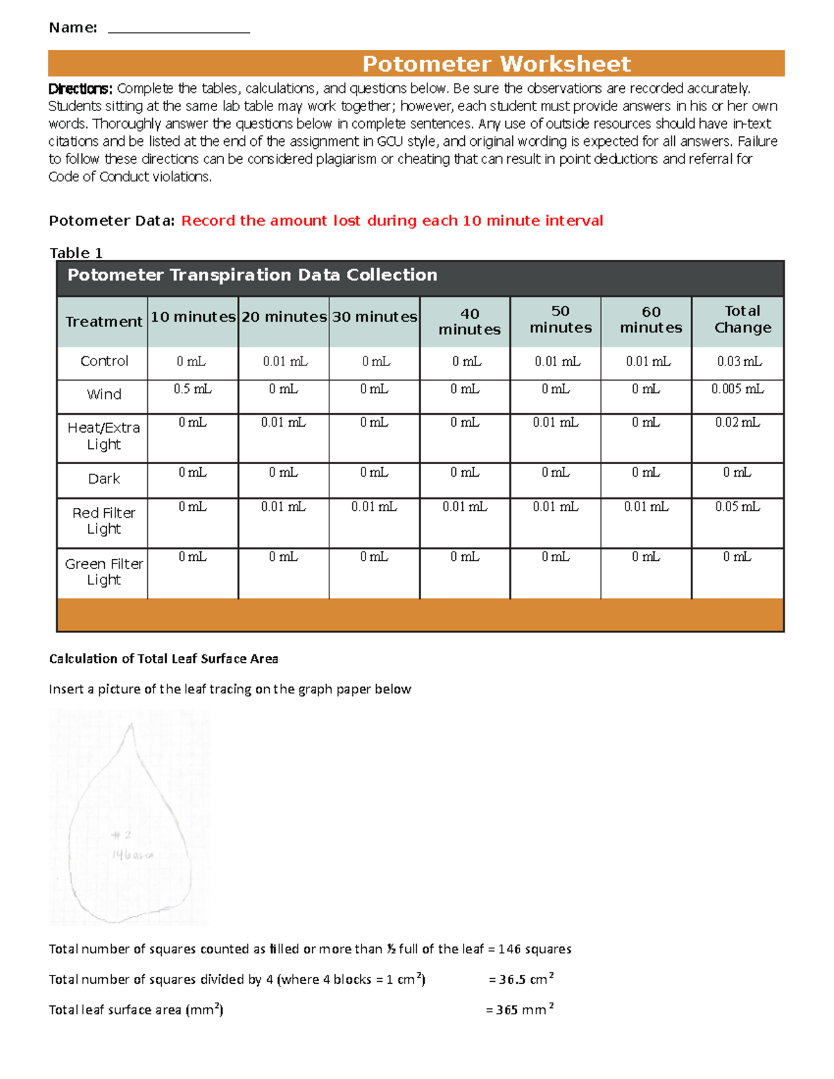 Potometer Rate of Transpiration Lab6 - Directions: Complete the tables ...