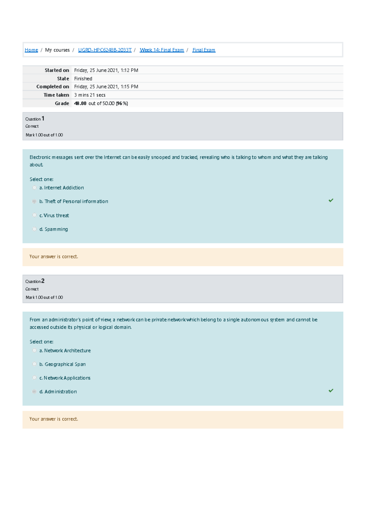 Final Exam Attempt review - Home / My courses / UGRD-HPC6248B-2033T / Week 14: Final Exam ...