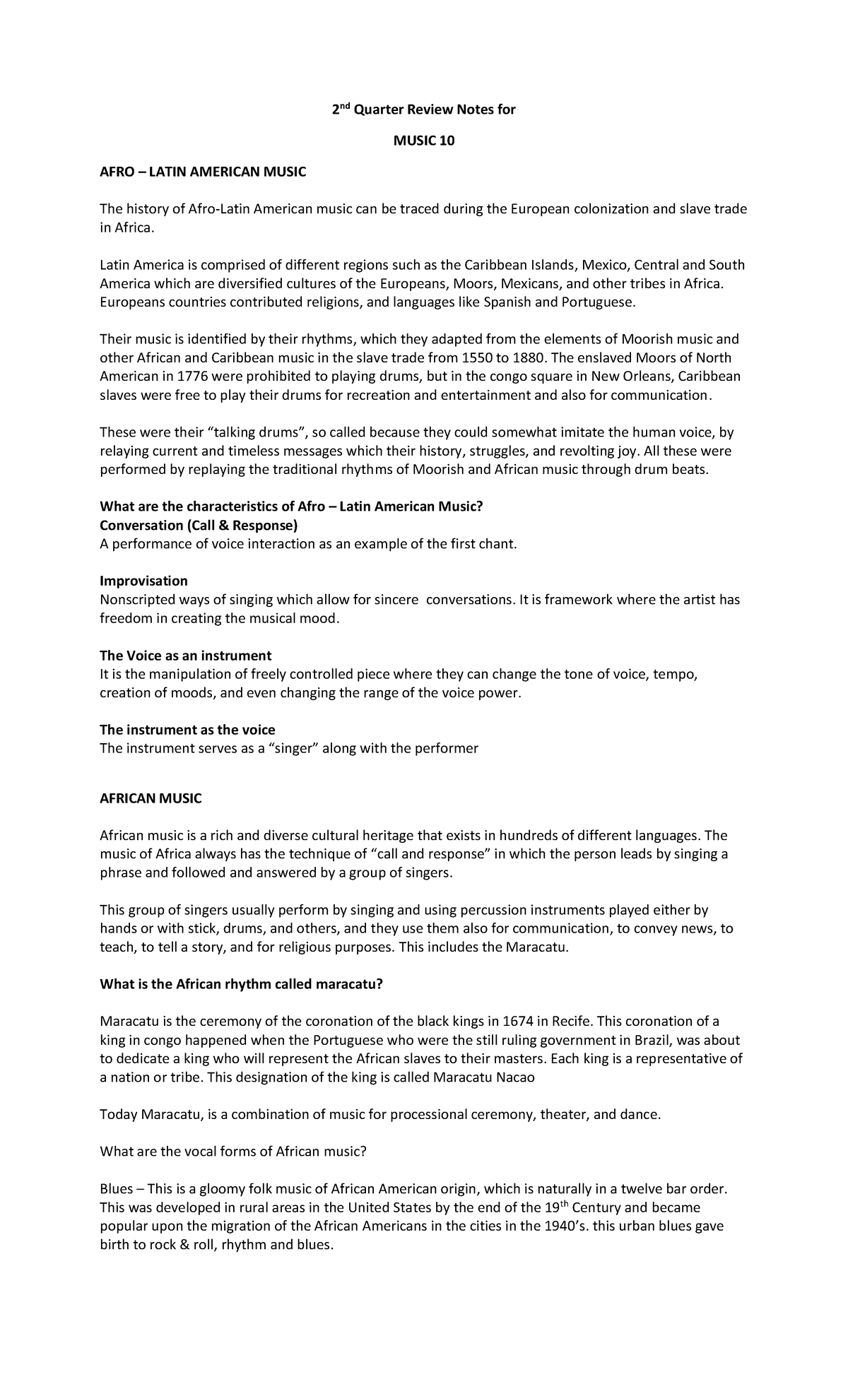 G10 2Q Review notes music - 2 nd Quarter Review Notes for MUSIC 10 AFRO ...