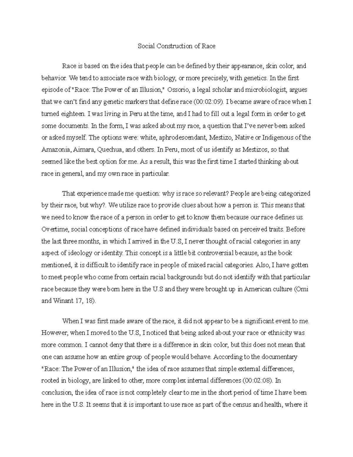 Reflective Essay: Social Construction of Race grade A - Social ...