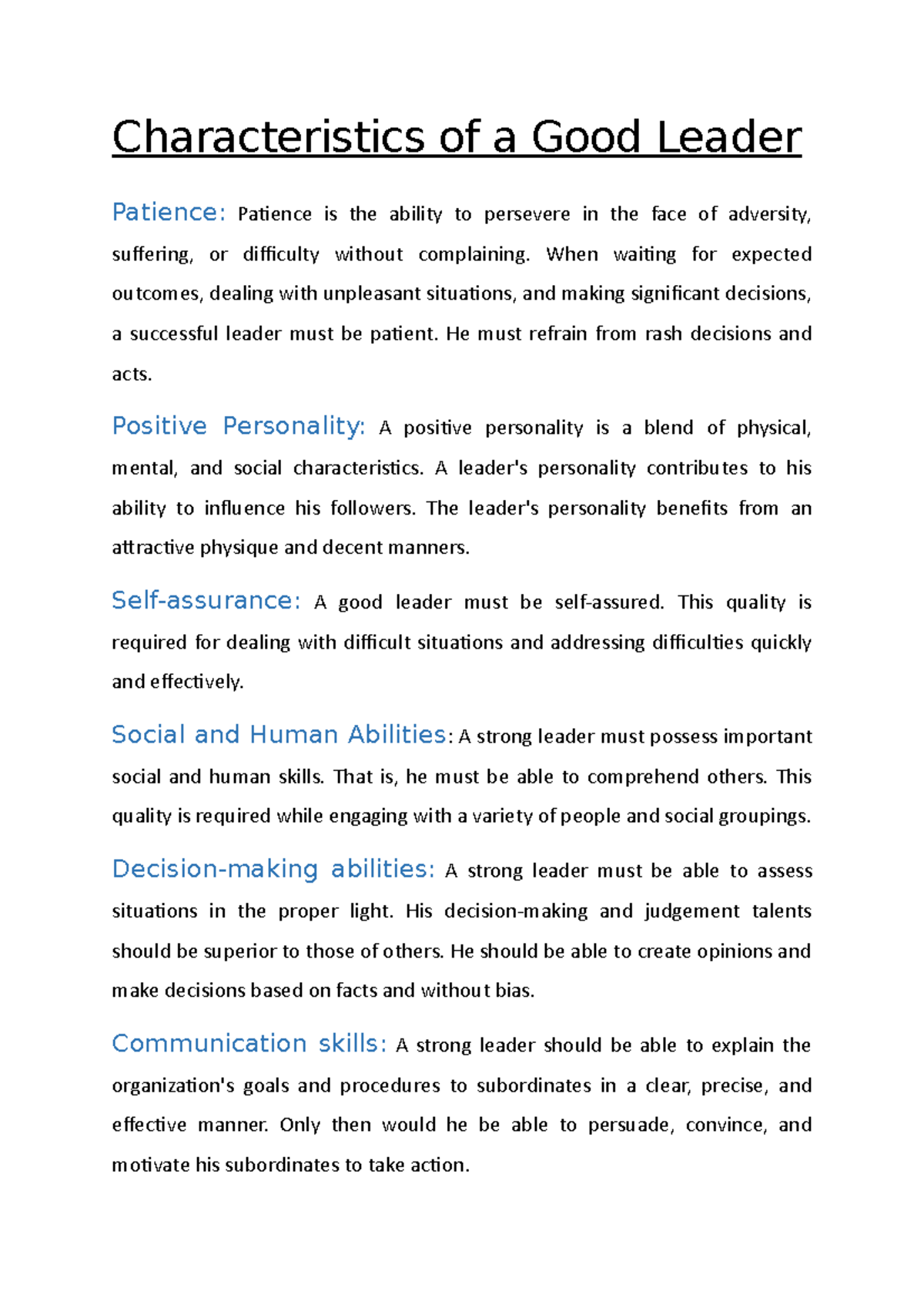 Characteristics of a Good Leader - Characteristics of a Good Leader ...