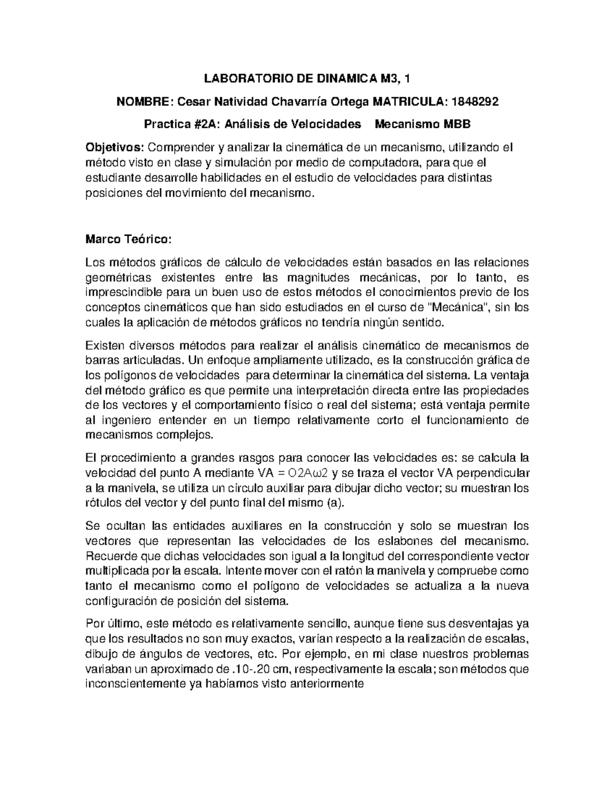 Practica 2A Lab dinamica - LABORATORIO DE DINAMICA M3, 1 NOMBRE: Cesar ...