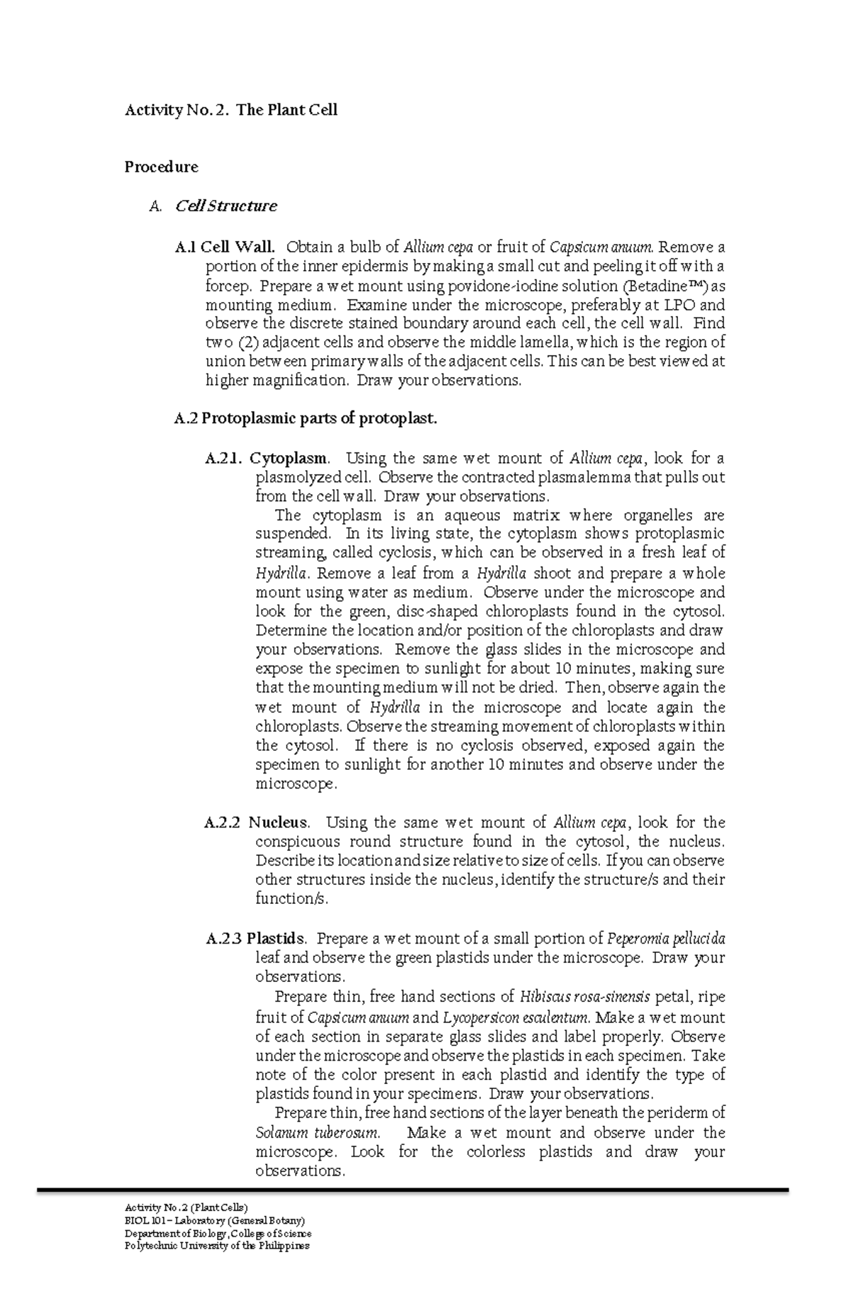LA2 Plant Cells - Botany - Activity No. 2 (Plant Cells) BIOL 101 ...