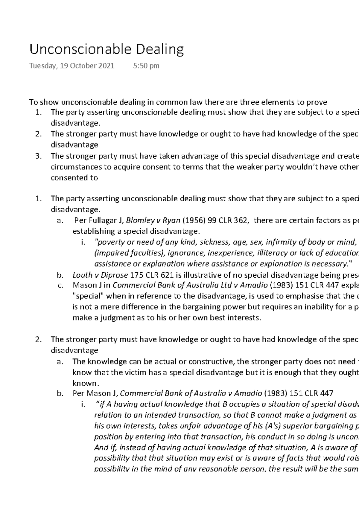Framework for Unconscionable Dealing (Contract Law) - To show ...