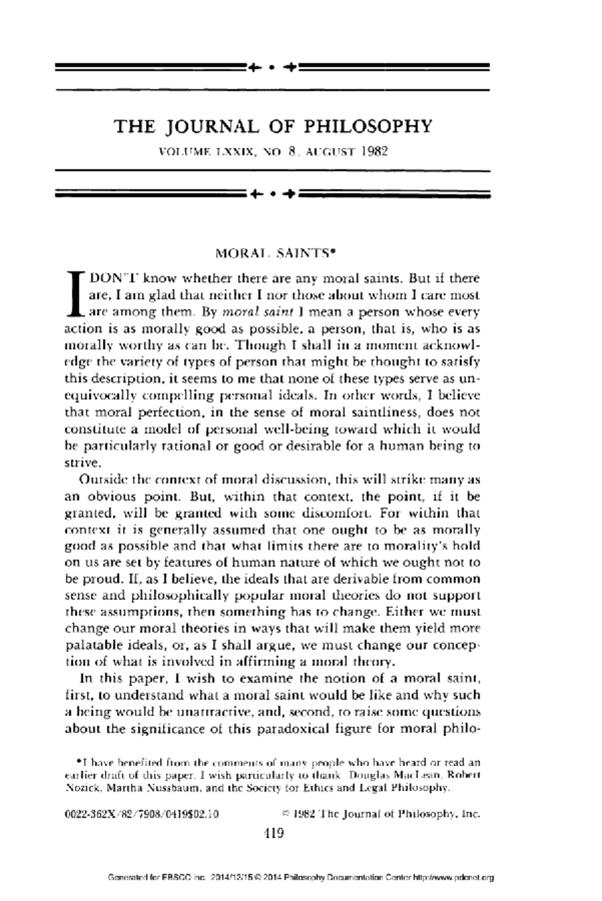 Wolf, Susan 1982 Moral Saints - Fall 2024 Ethical Theory (PHIL-340-01 ...