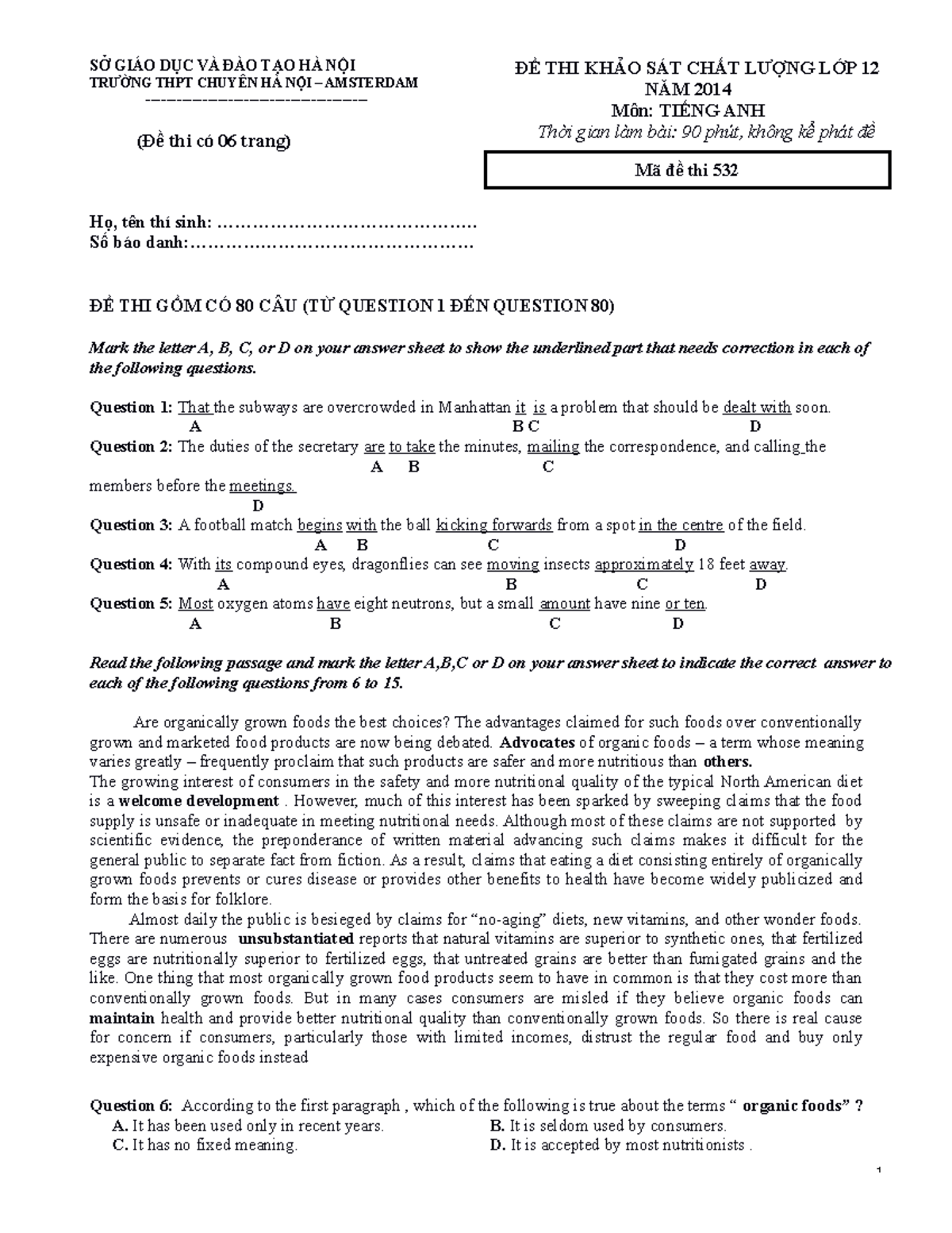 De thi khao sat chat luong mon tieng anh lop 12 thpt chuyen ha noi amsterdam nam 2014 - SỞ GIÁO ...