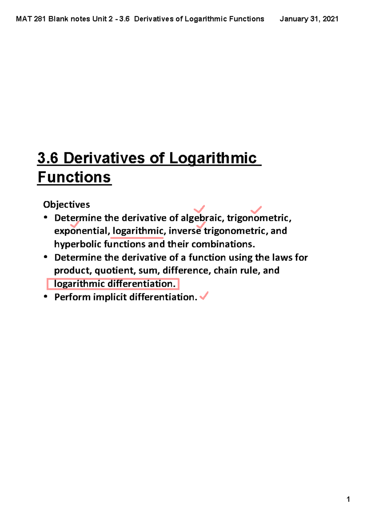 3.6 Derivatives of Logarithmic Functions - - Studocu