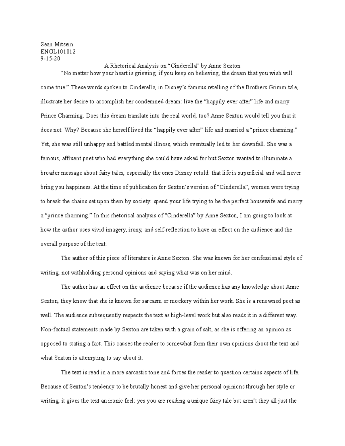 Rhetorical Analysis of Cinderella - Sean Mitsein ENGL 9-15-20 A ...