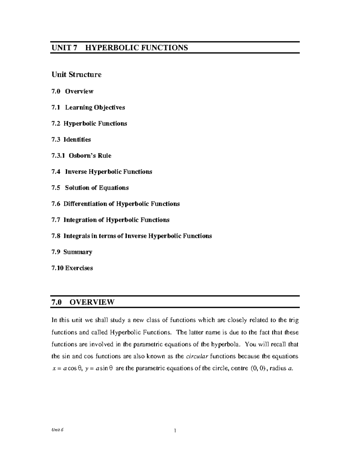 Unit 7 Hyperbolic Functions - UNIT 7 HYPERBOLIC FUNCTIONS Unit ...