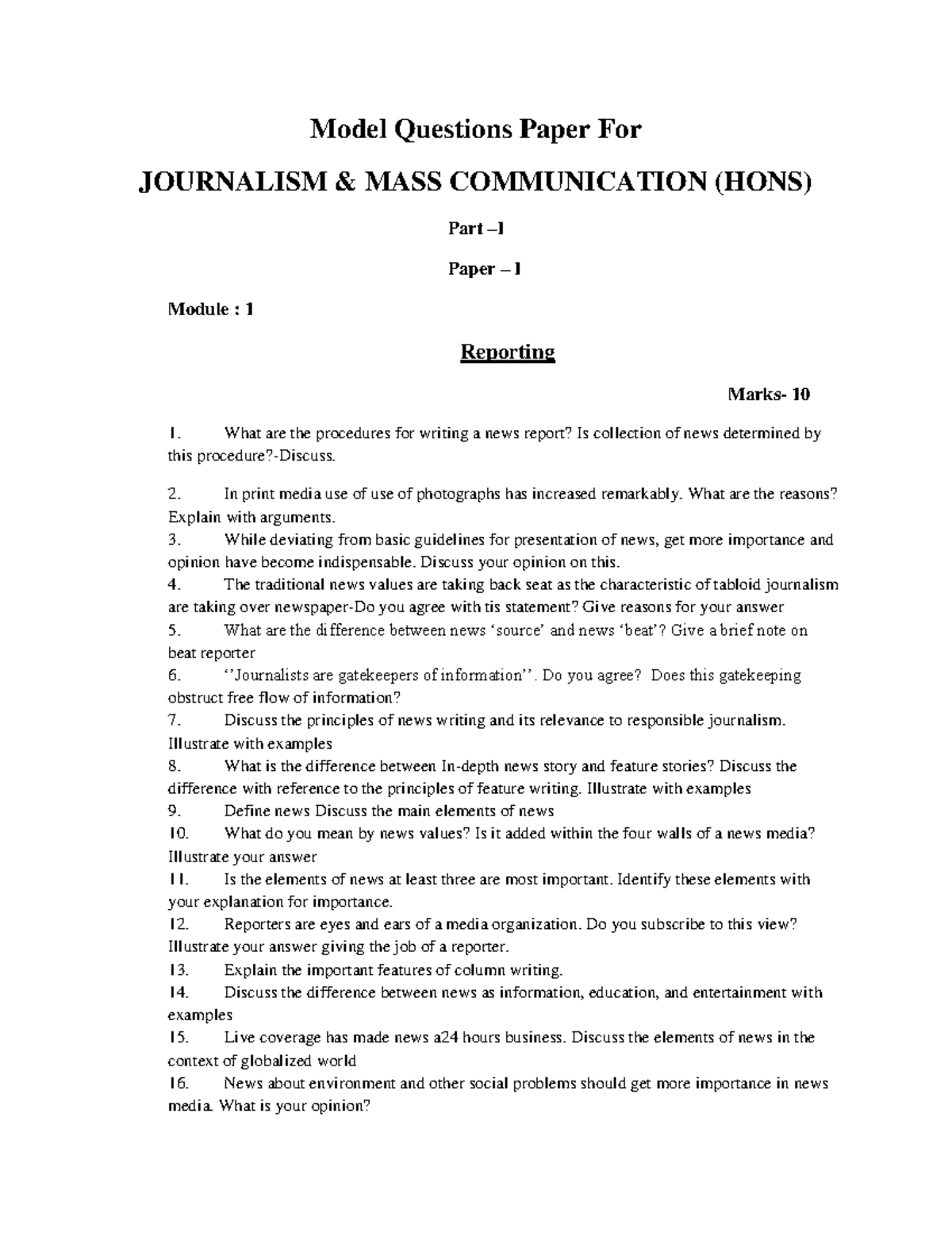 Journalism - Third semester - Model Questions Paper For JOURNALISM ...