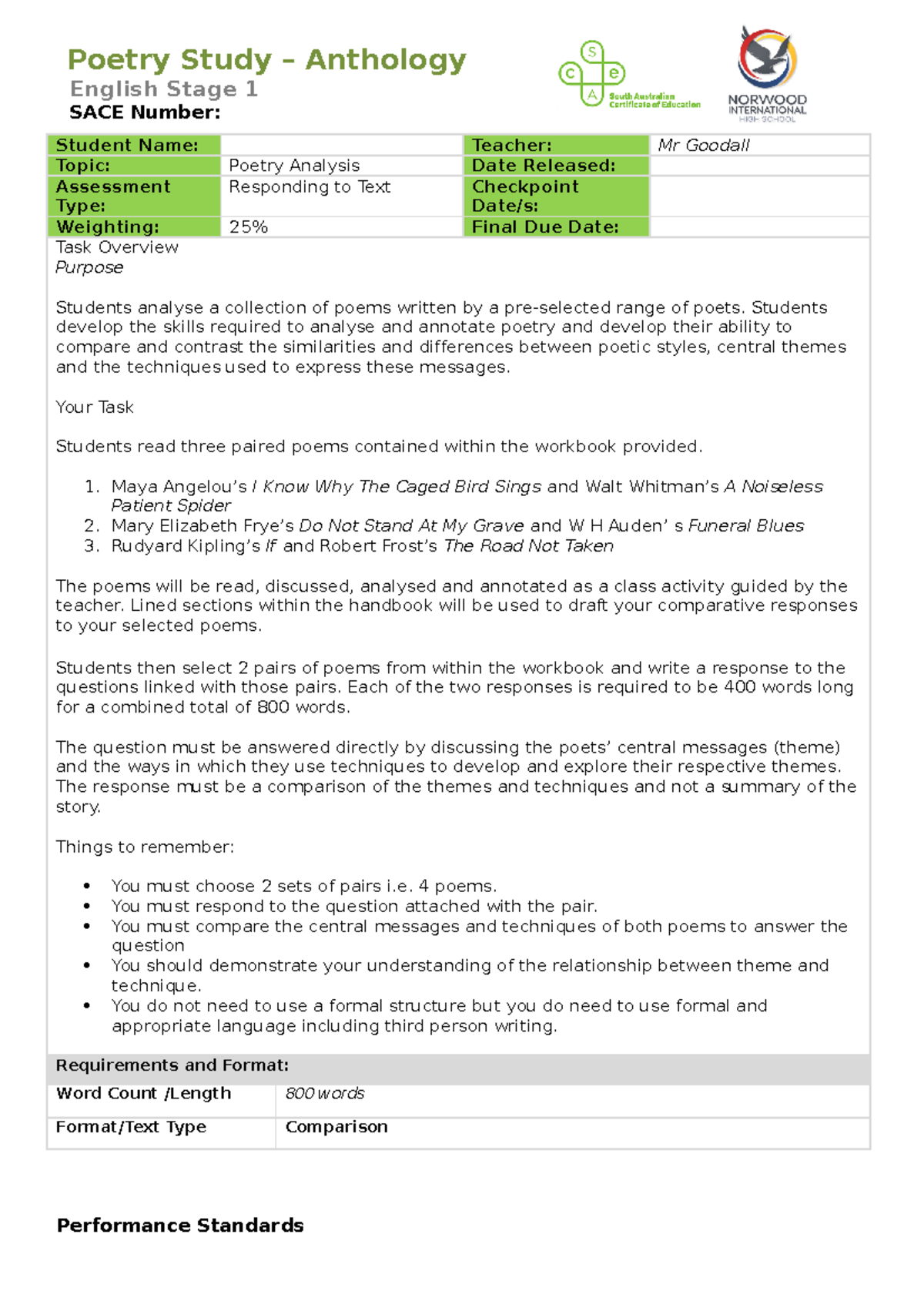 Stage 1 English - Poetry Task Sheet - Poetry Study – Anthology English ...