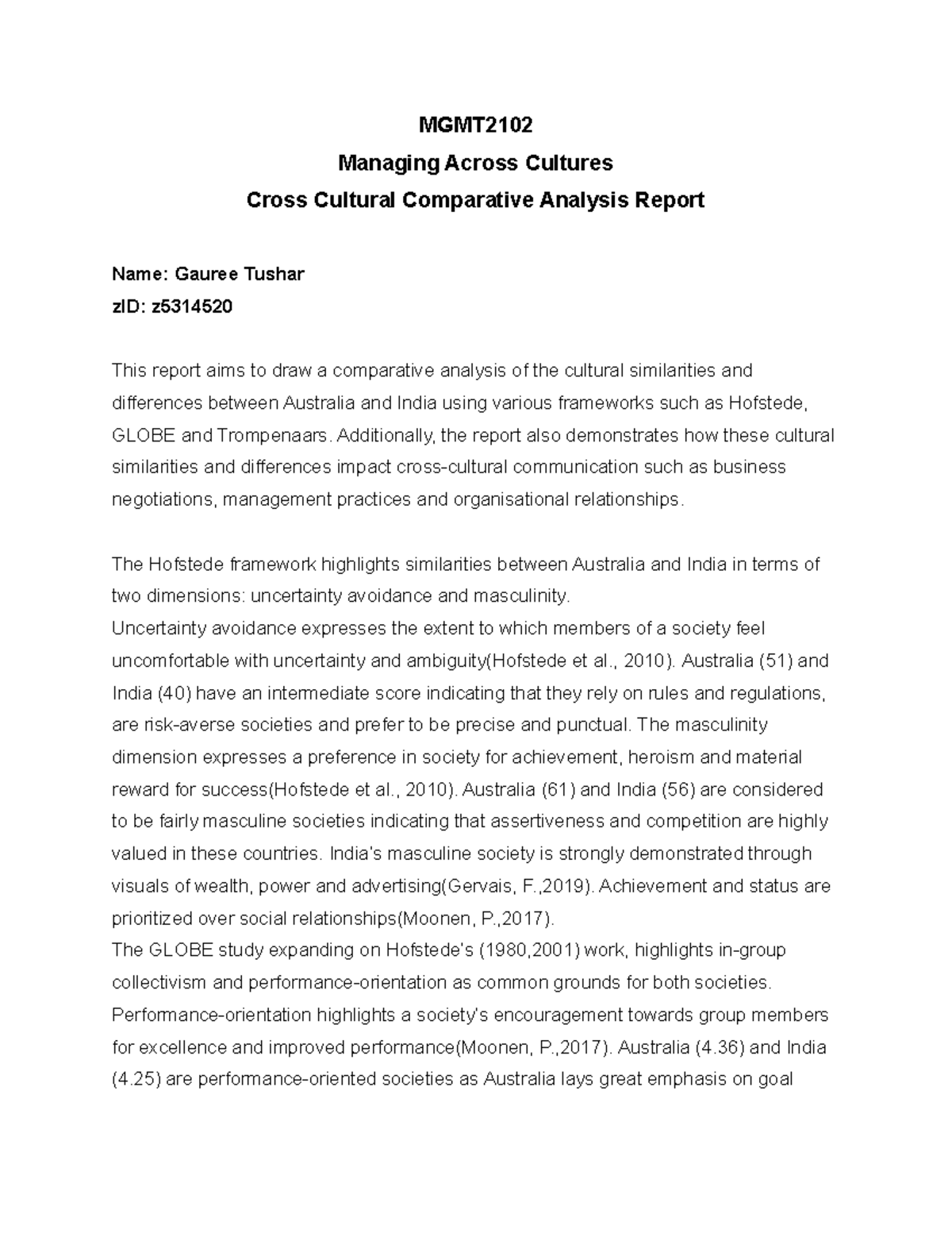 MGMT2102 Cross Cultural Report - MGMT Managing Across Cultures Cross ...