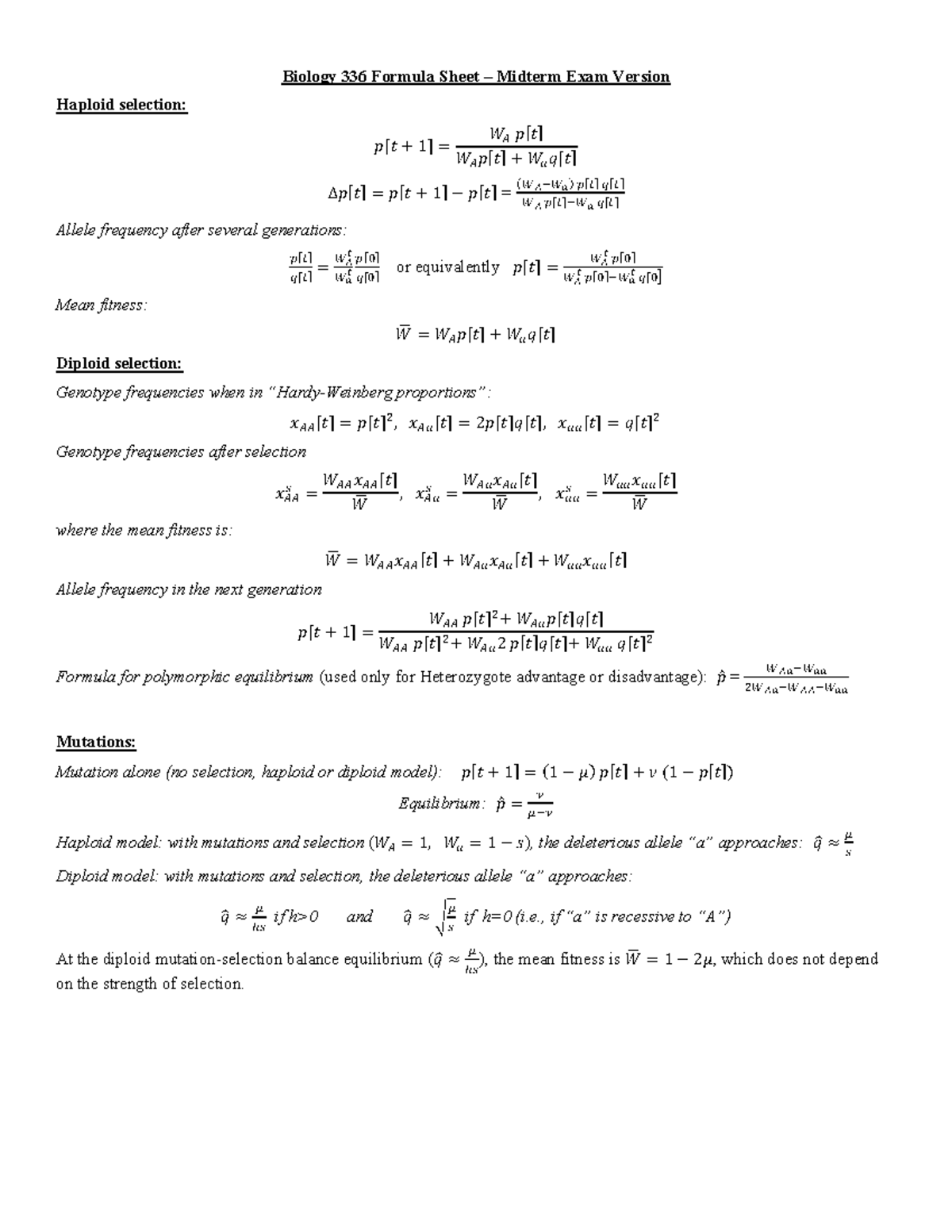 Biol 336 Midterm Formula Sheet - Biology 336 Formula Sheet – Midterm ...
