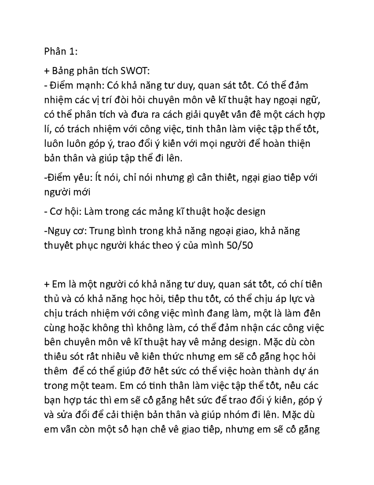 Đào Đức Mạnh - Bài tập Training cá nhân số 1 - Phầần 1: B ng phần tch SWOT:ả Đi m m nh: Có khể ạ ...