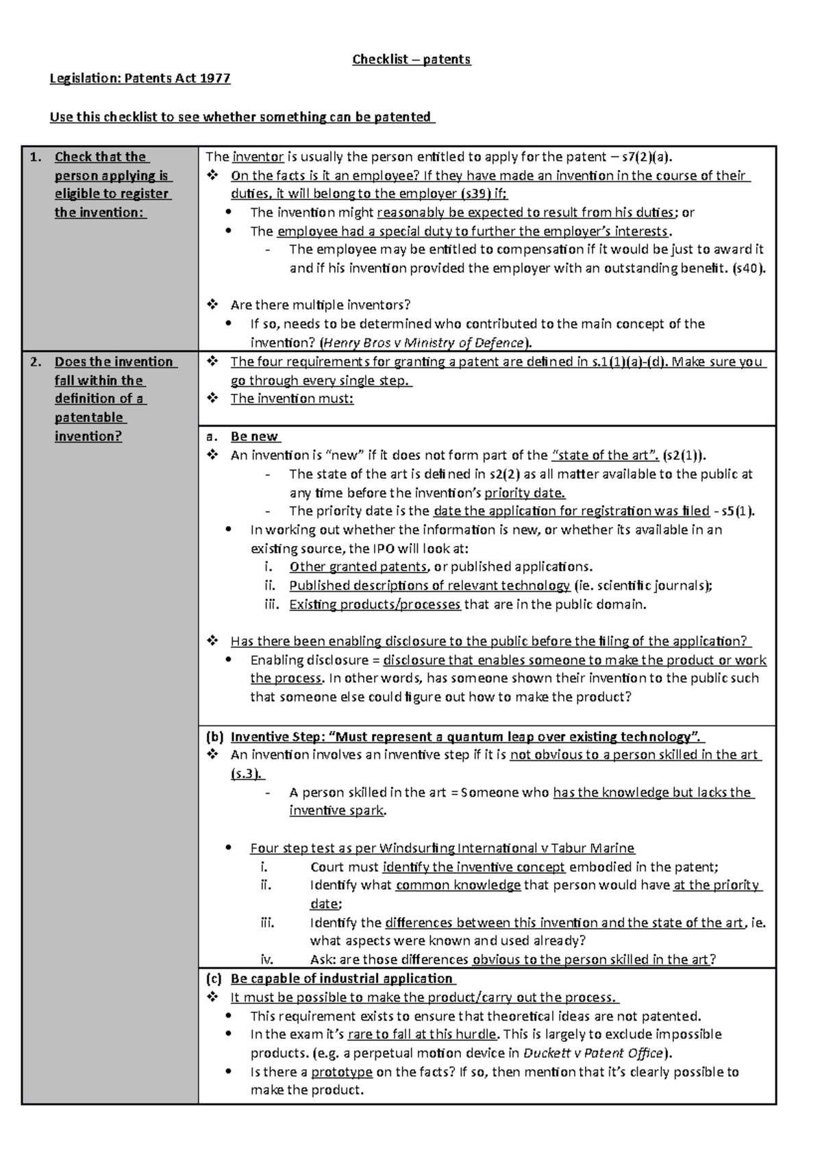 Patents - Lecture notes 4 - Checklist – patents Legislation: Patents ...