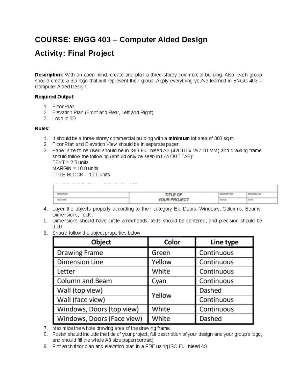 Final Output Final Output Instruction Course Engg 403 Computer Aided Design Activity