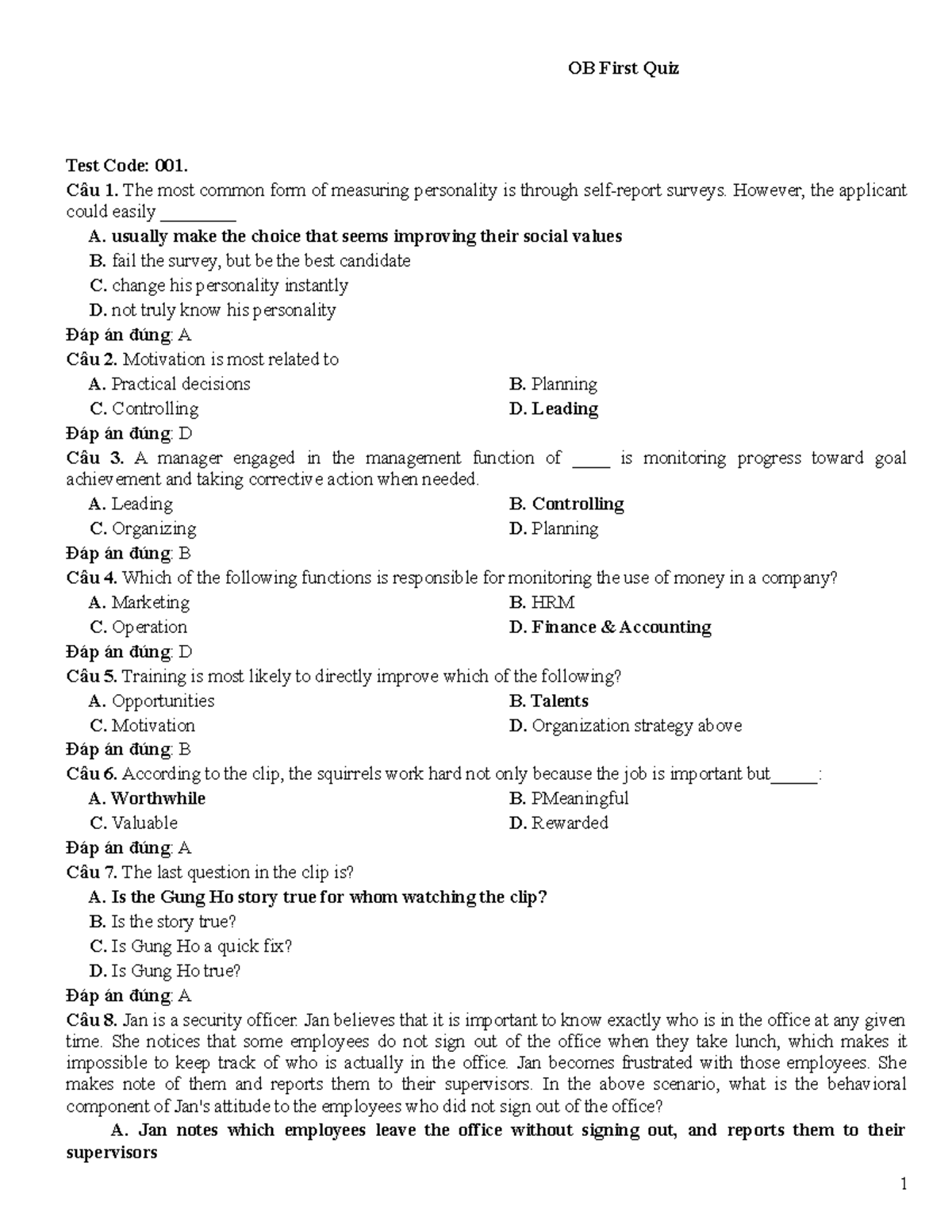 Bản sao của First Mini Test Key 001 - OB First Quiz Test Code: 001. Câu ...