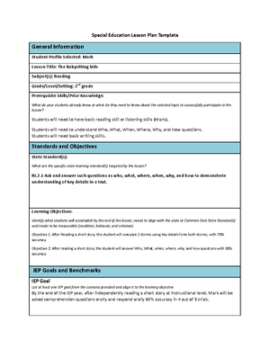 D005 Task 1 - Task 1 - Task 1 General Information Student Profile Selected: Mark Lesson Title ...