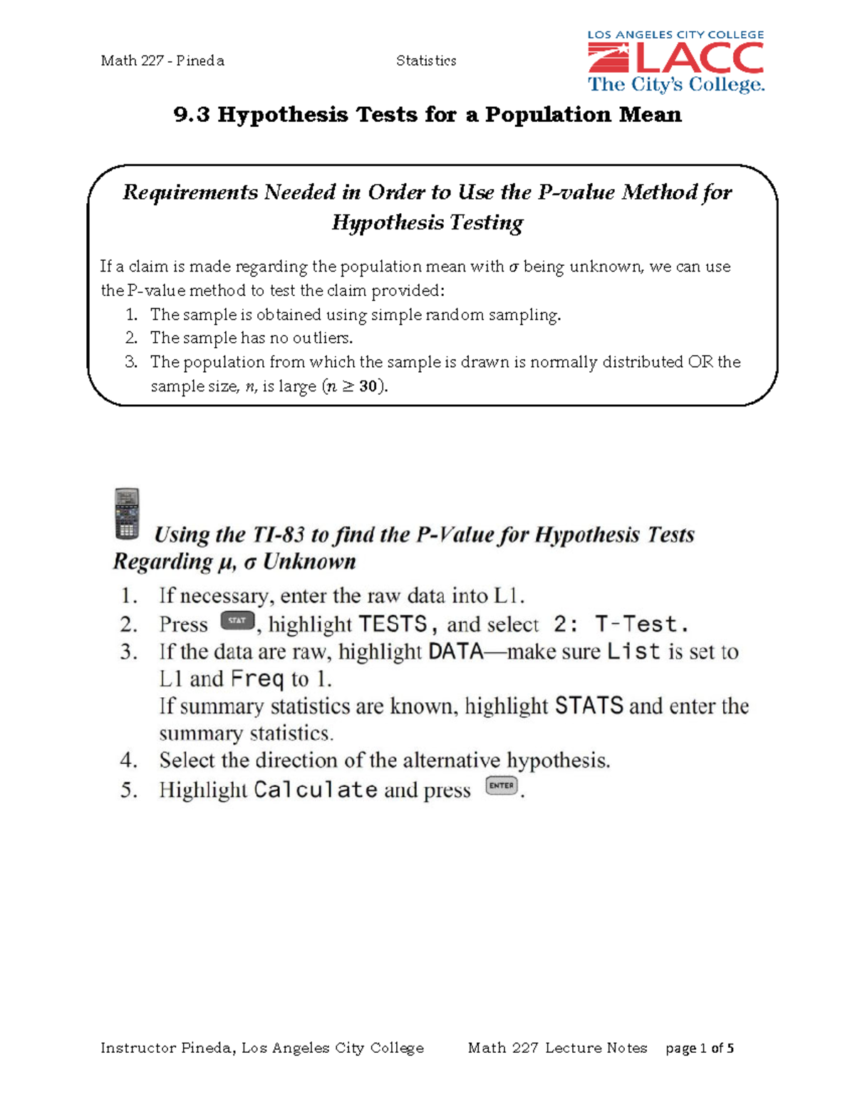 Section 9- Hypothesis Test for Population Mean - 9 Hypothesis Tests for ...