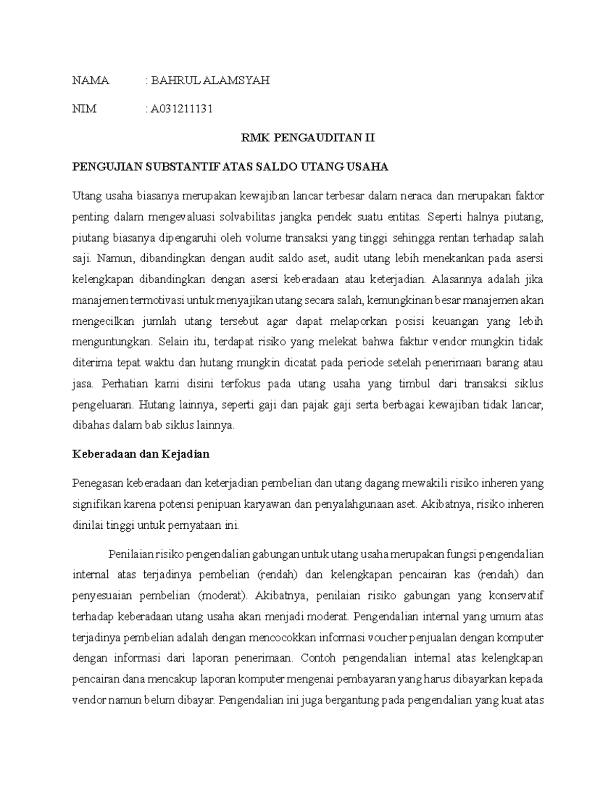 RMK Pengauditan II Pengujian Substantif ATAS Saldo Utang Usaha - NAMA : BAHRUL ALAMSYAH NIM : A ...