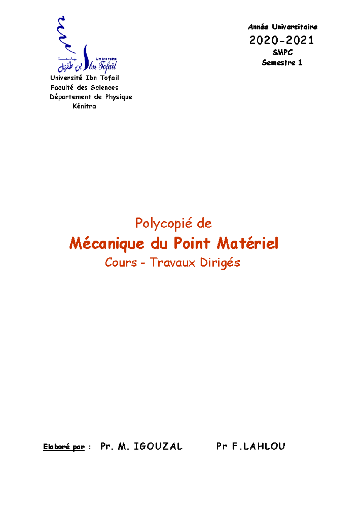 Mécanique du Point Matériel Cours - Mécanique du Point Matériel SMPC-S1 Fac - Studocu