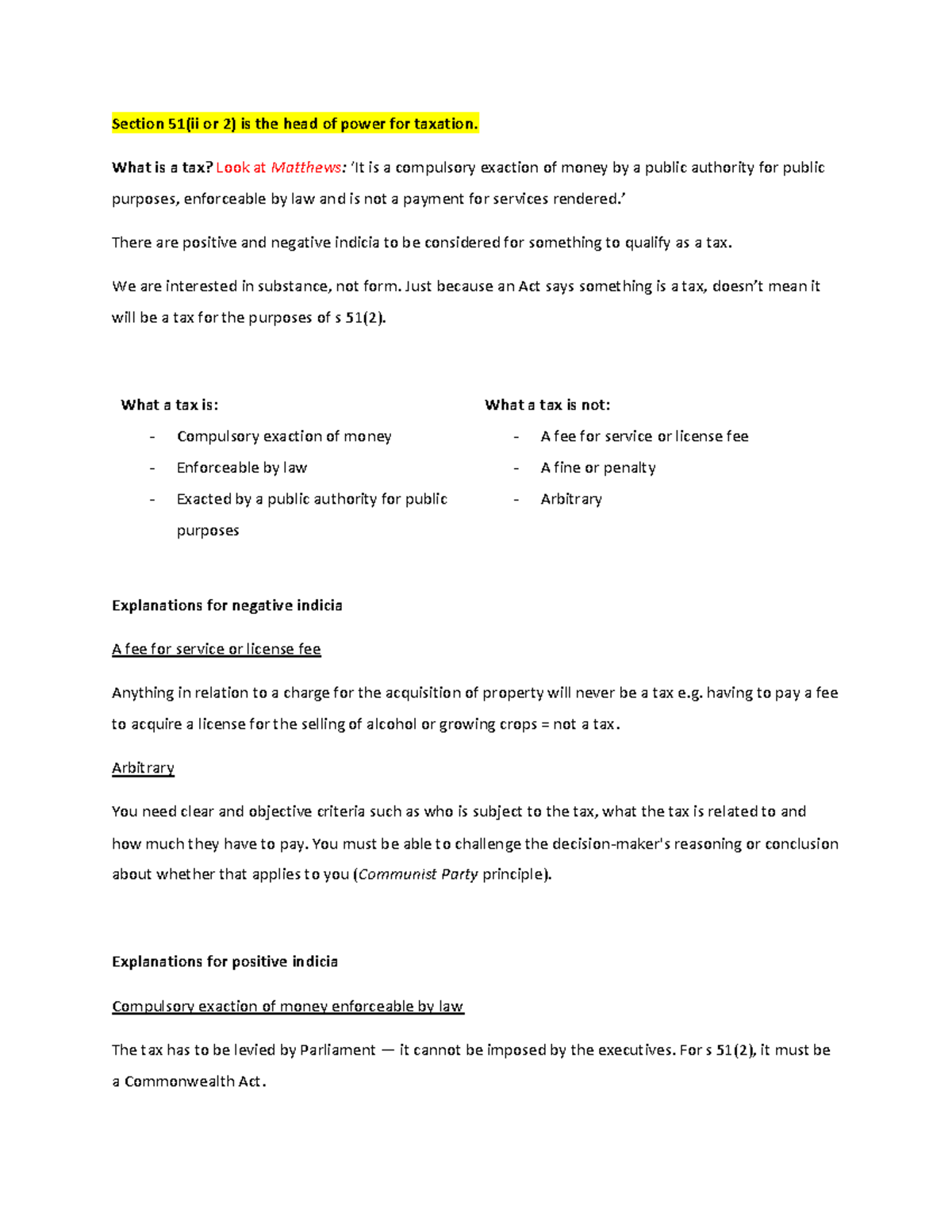 Taxation power lecture summary - Section 51(ii or 2) is the head of ...