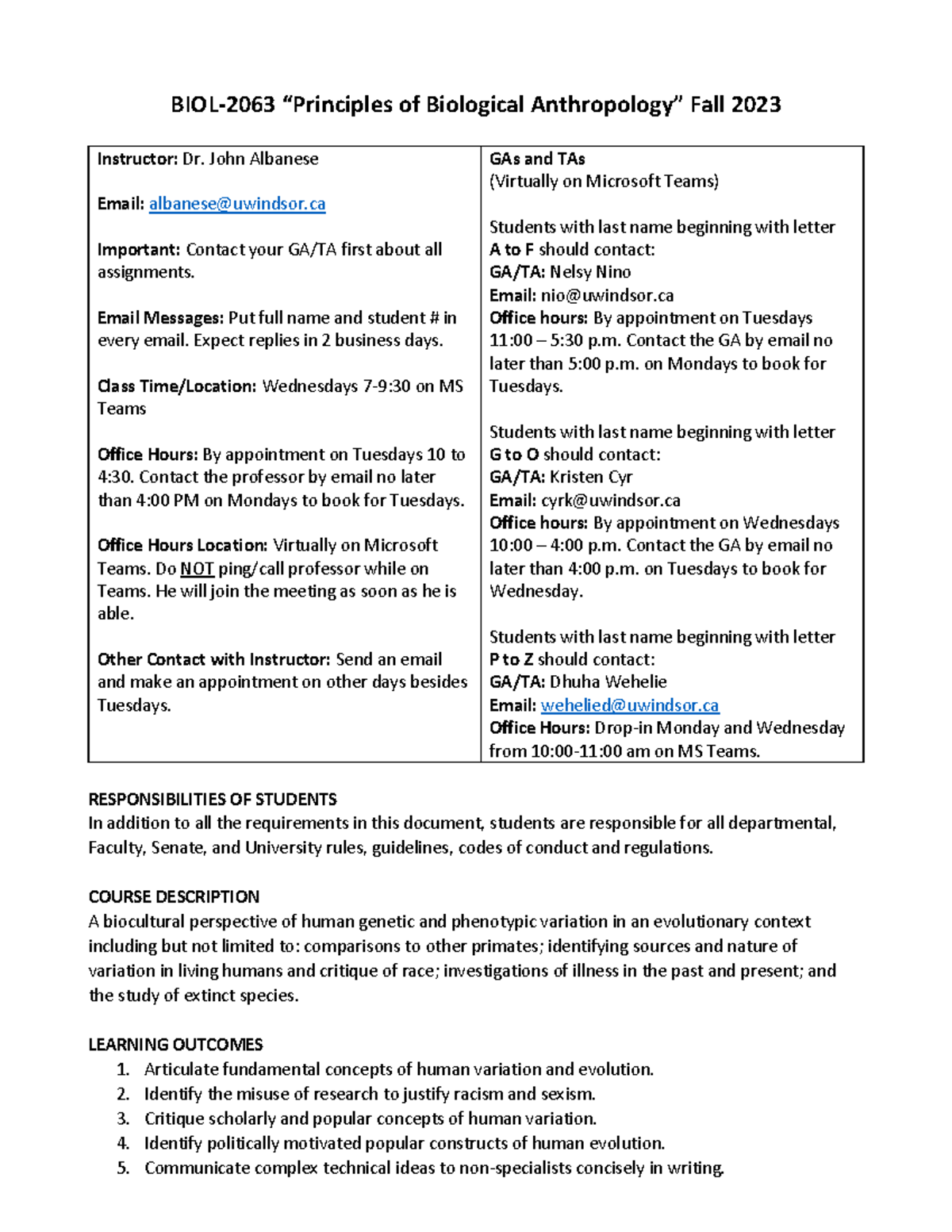 BIOL-2063 Fall 2023 Course Outline - BIOL‐2063 “Principles of Biological Anthropology” Fall 2023 ...