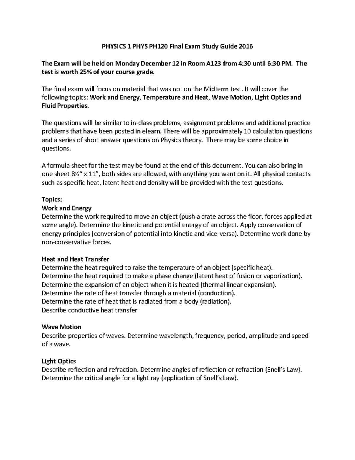 Final Exam Study Guide 2016, questions and answers - PHYSICS 1 PHYS ...